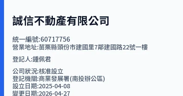 誠信不動產有限公司的照片-統編 60717756(苗栗縣) 公司登記資料與營業項目詳細圖表