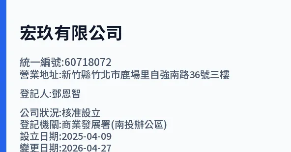 宏玖有限公司的照片-統編 60718072(新竹縣) 公司登記資料與營業項目詳細圖表