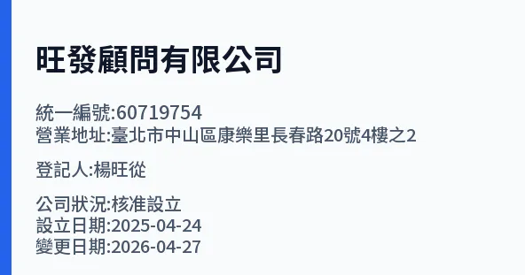 旺發顧問有限公司的照片-統編 60719754(臺北市) 公司登記資料與營業項目詳細圖表