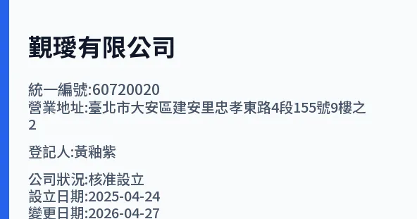 覲璦有限公司的照片-統編 60720020(臺北市) 公司登記資料與營業項目詳細圖表
