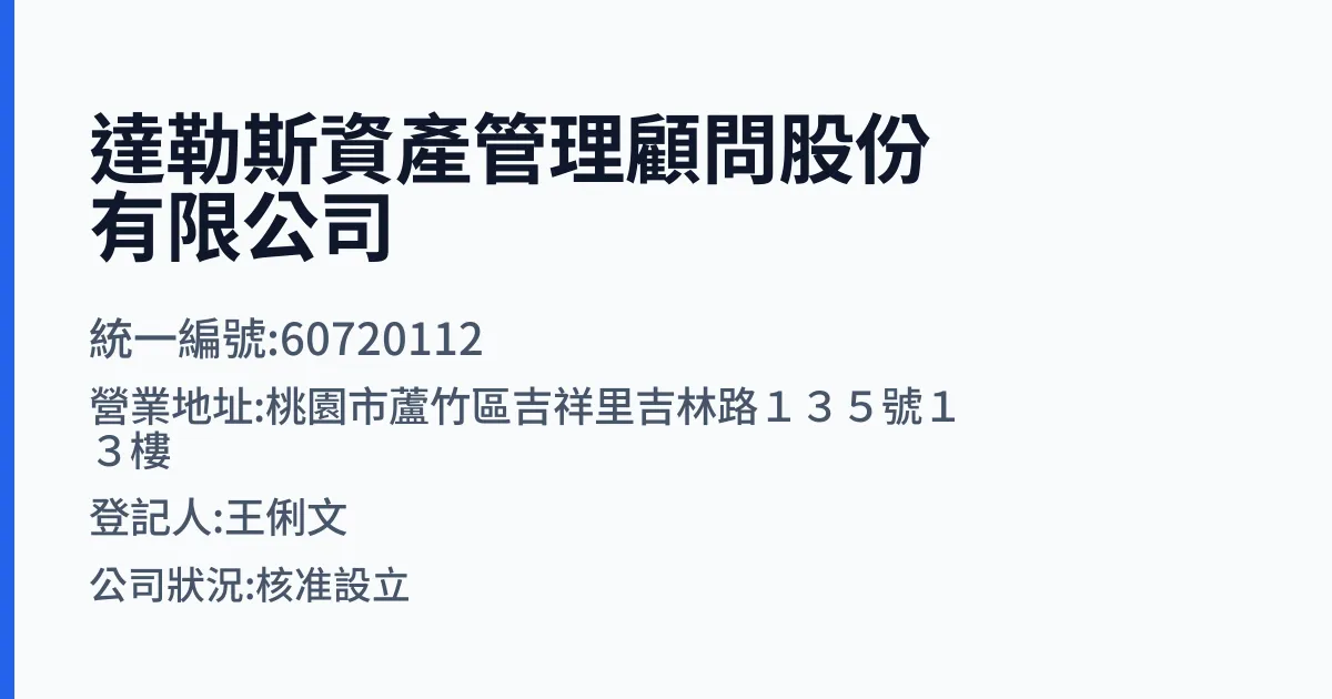 達勒斯資產管理顧問股份有限公司 - 統編 60720112（桃園市） 公司登記資料與營業項目詳細圖表