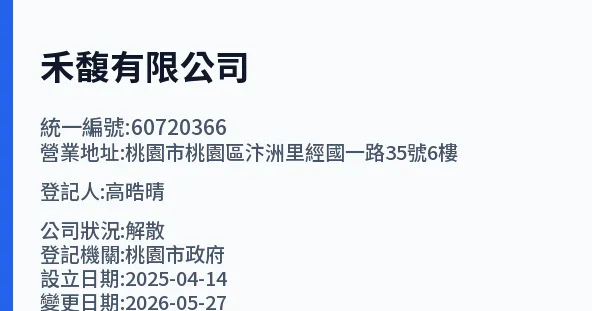 禾馥有限公司的照片-統編 60720366(桃園市) 公司登記資料與營業項目詳細圖表