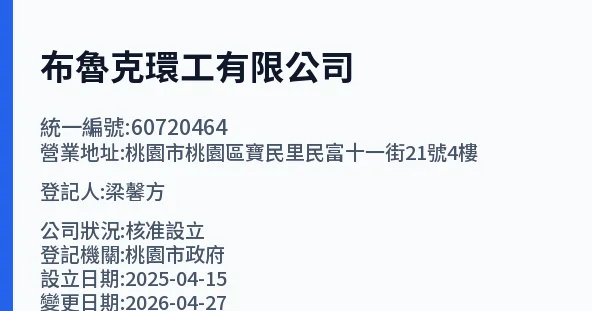 布魯克環工有限公司的照片-統編 60720464(桃園市) 公司登記資料與營業項目詳細圖表