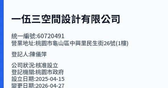 一伍三空間設計有限公司的照片-統編 60720491(桃園市) 公司登記資料與營業項目詳細圖表