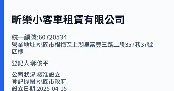 昕樂小客車租賃有限公司的照片-統編 60720534(桃園市) 公司登記資料與營業項目詳細圖表