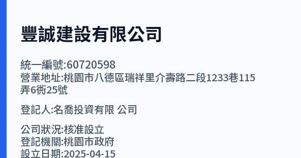 豐誠建設有限公司的照片-統編 60720598(桃園市) 公司登記資料與營業項目詳細圖表
