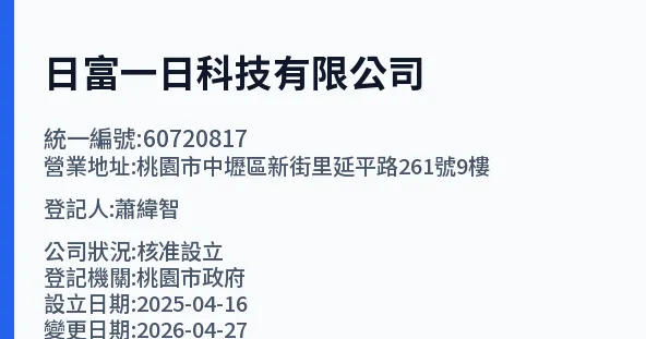 日富一日科技有限公司的照片-統編 60720817(桃園市) 公司登記資料與營業項目詳細圖表