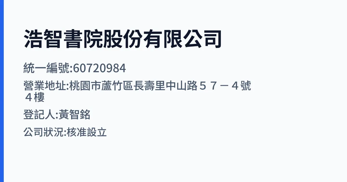 浩智書院股份有限公司 - 統編 60720984(桃園市) 公司登記資料與營業項目詳細圖表