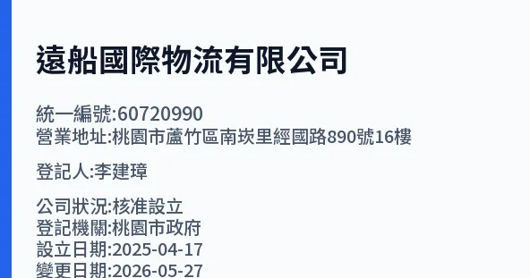 遠船國際物流有限公司的照片-統編 60720990(桃園市) 公司登記資料與營業項目詳細圖表