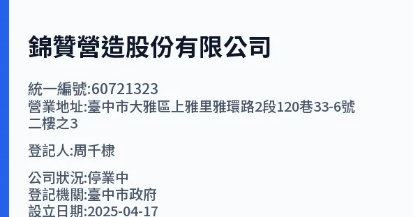 錦贊營造股份有限公司的照片-統編 60721323(臺中市) 公司登記資料與營業項目詳細圖表