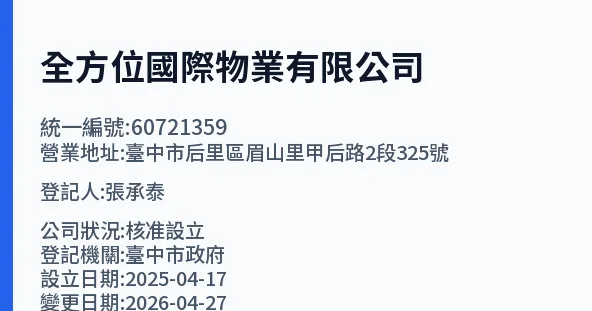 全方位國際物業有限公司的照片-統編 60721359(臺中市) 公司登記資料與營業項目詳細圖表