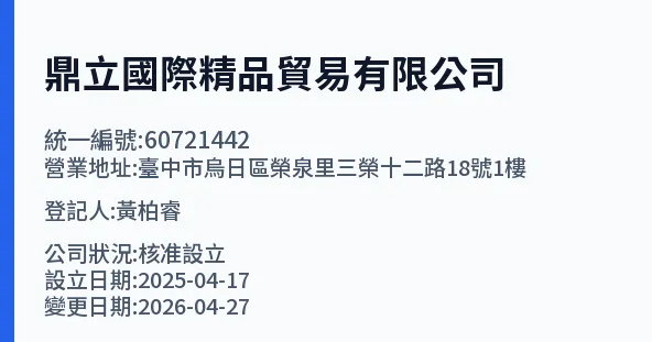 鼎立國際精品貿易有限公司的照片-統編 60721442(臺中市) 公司登記資料與營業項目詳細圖表