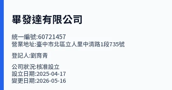 畢發達有限公司的照片-統編 60721457(臺中市) 公司登記資料與營業項目詳細圖表