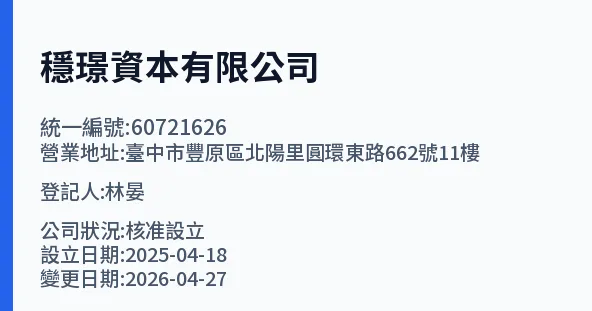 穩璟資本有限公司的照片-統編 60721626(臺中市) 公司登記資料與營業項目詳細圖表