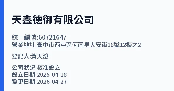 天鑫德御有限公司的照片-統編 60721647(臺中市) 公司登記資料與營業項目詳細圖表