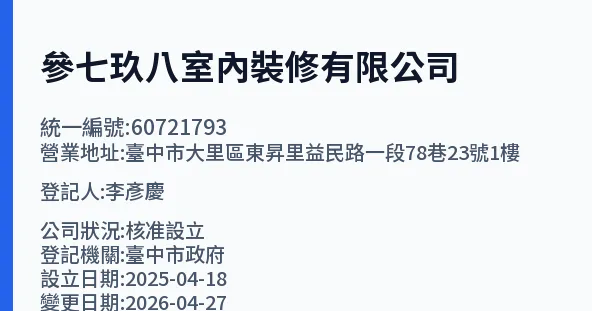 參七玖八室內裝修有限公司的照片-統編 60721793(臺中市) 公司登記資料與營業項目詳細圖表