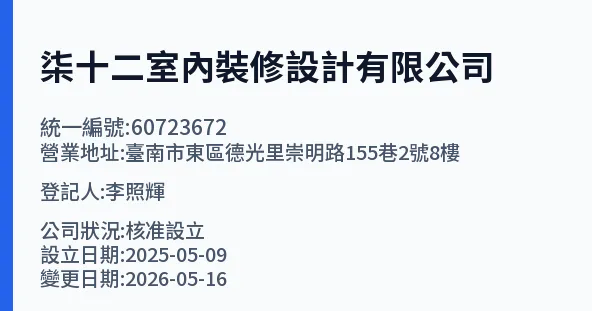 柒十二室內裝修設計有限公司的照片-統編 60723672(臺南市) 公司登記資料與營業項目詳細圖表