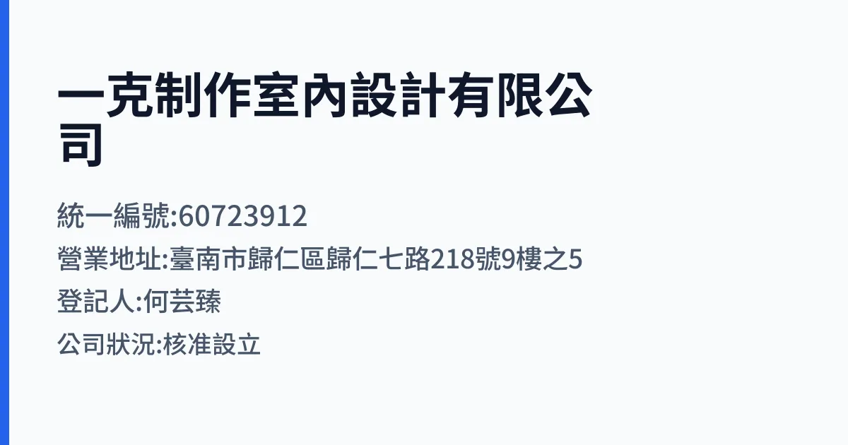 一克制作室內設計有限公司 - 統編 60723912（臺南市） 公司登記資料與營業項目詳細圖表