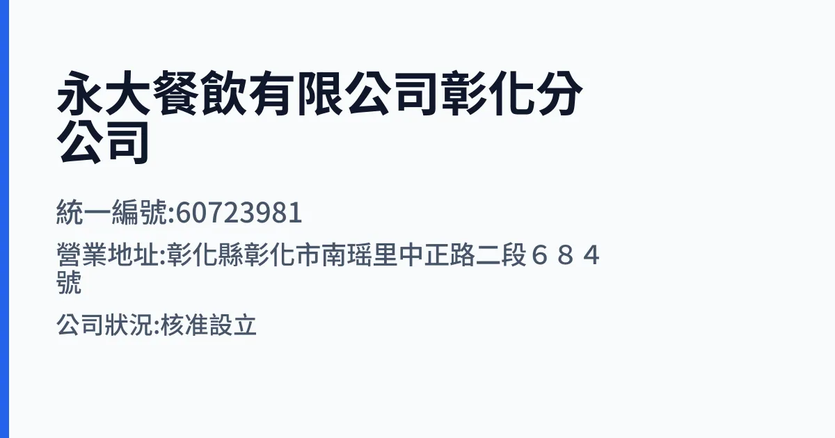 永大餐飲有限公司彰化分公司 - 統編 60723981(彰化縣) 公司登記資料與營業項目詳細圖表