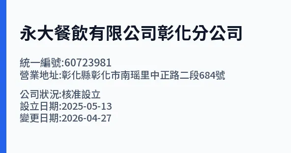 永大餐飲有限公司彰化分公司的照片-統編 60723981(彰化縣) 公司登記資料與營業項目詳細圖表