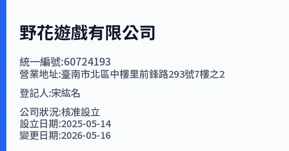 野花遊戲有限公司的照片-統編 60724193(臺南市) 公司登記資料與營業項目詳細圖表