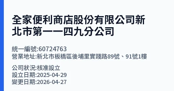全家便利商店股份有限公司新北市第一一四九分公司的照片-統編 60724763(新北市) 公司登記資料與營業項目詳細圖表