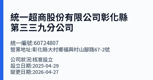 統一超商股份有限公司彰化縣第三三九分公司的照片-統編 60724807(彰化縣) 公司登記資料與營業項目詳細圖表