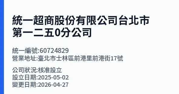 統一超商股份有限公司台北市第一二五0分公司的照片-統編 60724829(臺北市) 公司登記資料與營業項目詳細圖表