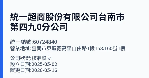 統一超商股份有限公司台南市第四九0分公司的照片-統編 60724840(臺南市) 公司登記資料與營業項目詳細圖表