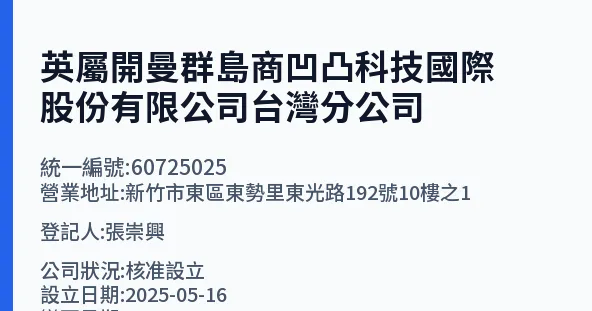 英屬開曼群島商凹凸科技國際股份有限公司台灣分公司的照片-統編 60725025(新竹市) 公司登記資料與營業項目詳細圖表