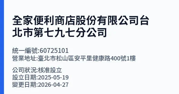 全家便利商店股份有限公司台北市第七九七分公司的照片-統編 60725101(臺北市) 公司登記資料與營業項目詳細圖表