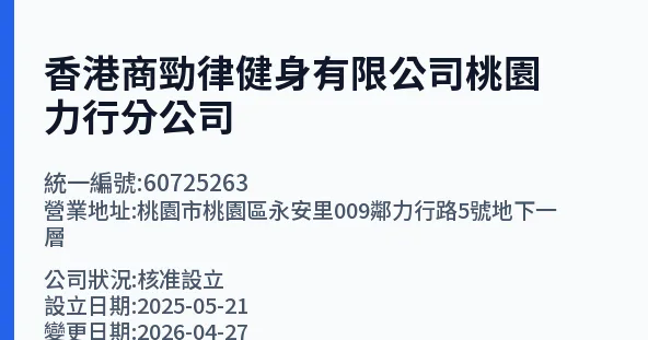 香港商勁律健身有限公司桃園力行分公司的照片-統編 60725263(桃園市) 公司登記資料與營業項目詳細圖表