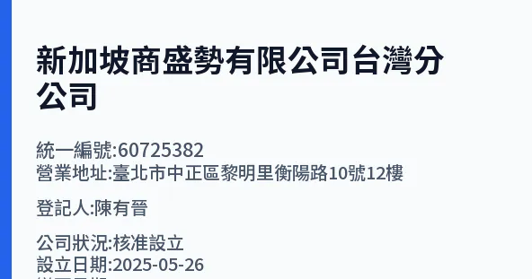 新加坡商盛勢有限公司台灣分公司的照片-統編 60725382(臺北市) 公司登記資料與營業項目詳細圖表