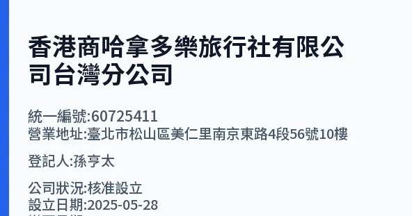 香港商哈拿多樂旅行社有限公司台灣分公司的照片-統編 60725411(臺北市) 公司登記資料與營業項目詳細圖表