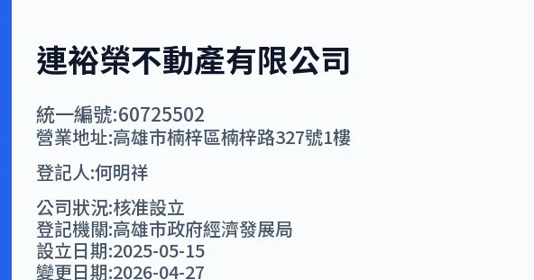 連裕榮不動產有限公司的照片-統編 60725502(高雄市) 公司登記資料與營業項目詳細圖表