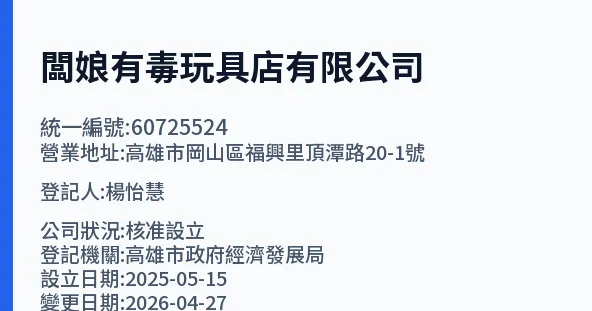 闆娘有毒玩具店有限公司的照片-統編 60725524(高雄市) 公司登記資料與營業項目詳細圖表