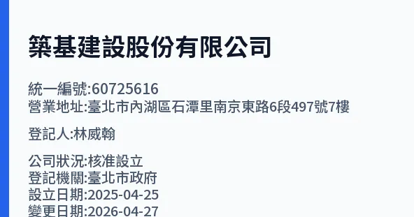 築基建設股份有限公司的照片-統編 60725616(臺北市) 公司登記資料與營業項目詳細圖表