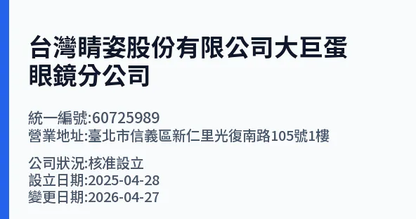 台灣睛姿股份有限公司大巨蛋眼鏡分公司的照片-統編 60725989(臺北市) 公司登記資料與營業項目詳細圖表