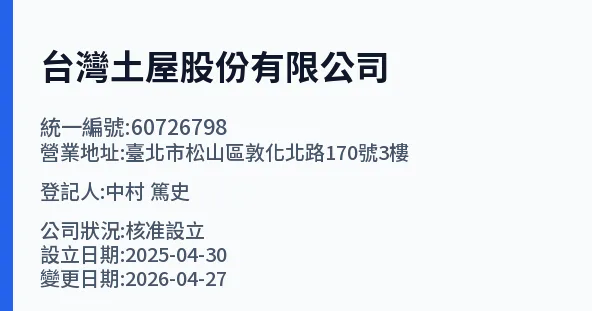 台灣土屋股份有限公司的照片-統編 60726798(臺北市) 公司登記資料與營業項目詳細圖表