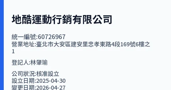 地酷運動行銷有限公司的照片-統編 60726967(臺北市) 公司登記資料與營業項目詳細圖表