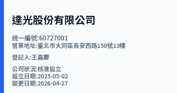 達光股份有限公司的照片-統編 60727001(臺北市) 公司登記資料與營業項目詳細圖表