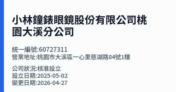 小林鐘錶眼鏡股份有限公司桃園大溪分公司的照片-統編 60727311(桃園市) 公司登記資料與營業項目詳細圖表