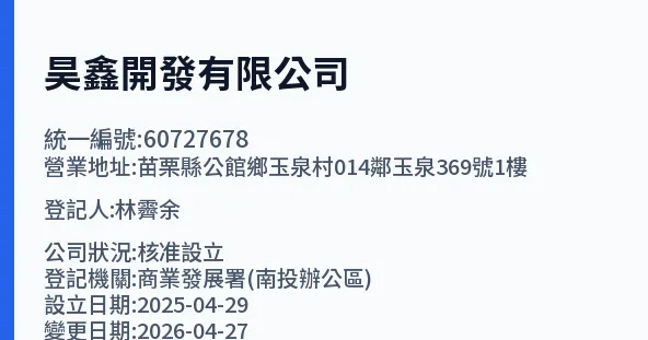 昊鑫開發有限公司的照片-統編 60727678(苗栗縣) 公司登記資料與營業項目詳細圖表