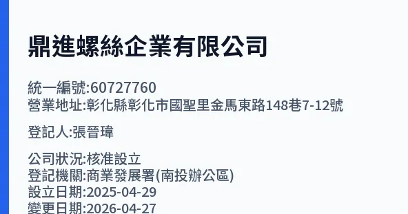 鼎進螺絲企業有限公司的照片-統編 60727760(彰化縣) 公司登記資料與營業項目詳細圖表