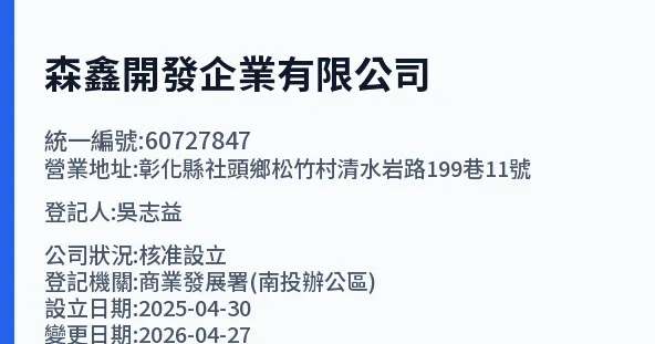森鑫開發企業有限公司的照片-統編 60727847(彰化縣) 公司登記資料與營業項目詳細圖表