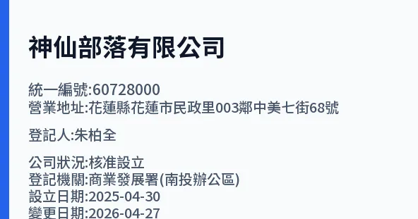 神仙部落有限公司的照片-統編 60728000(花蓮縣) 公司登記資料與營業項目詳細圖表