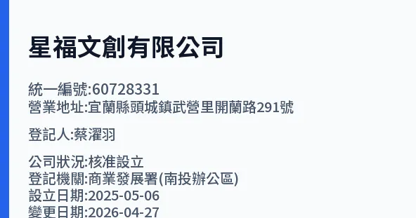 星福文創有限公司的照片-統編 60728331(宜蘭縣) 公司登記資料與營業項目詳細圖表
