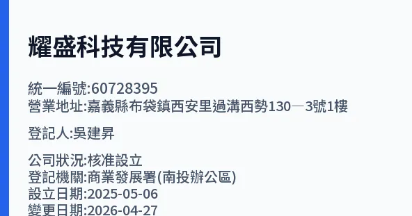 耀盛科技有限公司的照片-統編 60728395(嘉義縣) 公司登記資料與營業項目詳細圖表