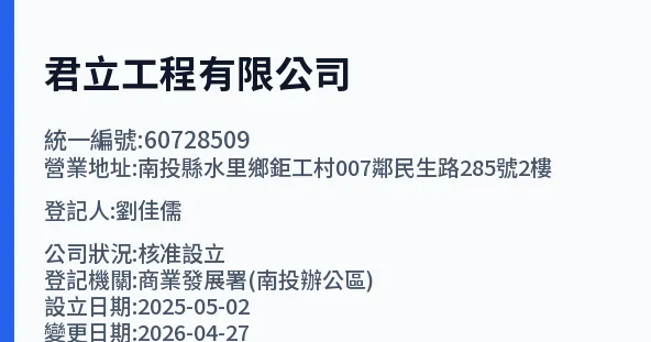 君立工程有限公司的照片-統編 60728509(南投縣) 公司登記資料與營業項目詳細圖表