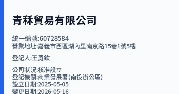 青秝貿易有限公司的照片-統編 60728584(嘉義市) 公司登記資料與營業項目詳細圖表